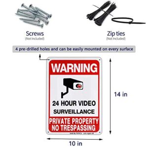 Large No Trespassing Signs Private Property Metal,Warning 24 Hour Video Surveillance Sign 10x14 Aluminum UV Printed,Durable/Weatherproof Up to 7 Years Outdoor for Home and Business (2-Pack)