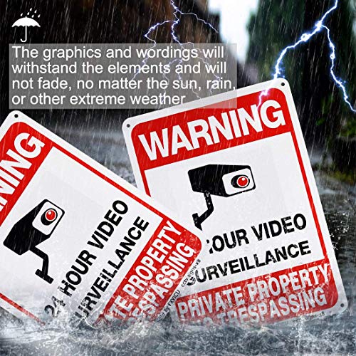 Large No Trespassing Signs Private Property Metal,Warning 24 Hour Video Surveillance Sign 10x14 Aluminum UV Printed,Durable/Weatherproof Up to 7 Years Outdoor for Home and Business (2-Pack)