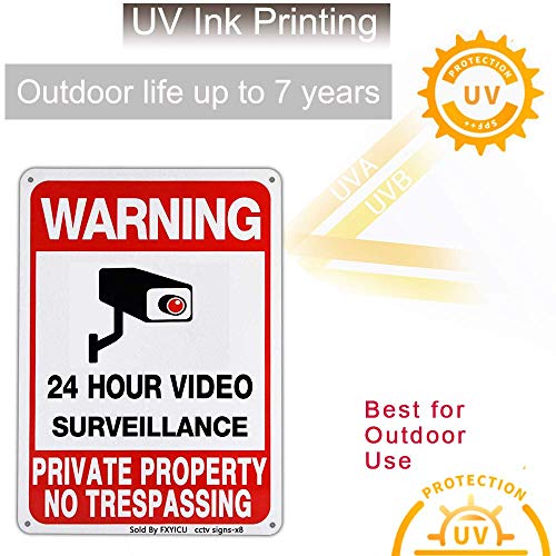 Large No Trespassing Signs Private Property Metal,Warning 24 Hour Video Surveillance Sign 10x14 Aluminum UV Printed,Durable/Weatherproof Up to 7 Years Outdoor for Home and Business (2-Pack)