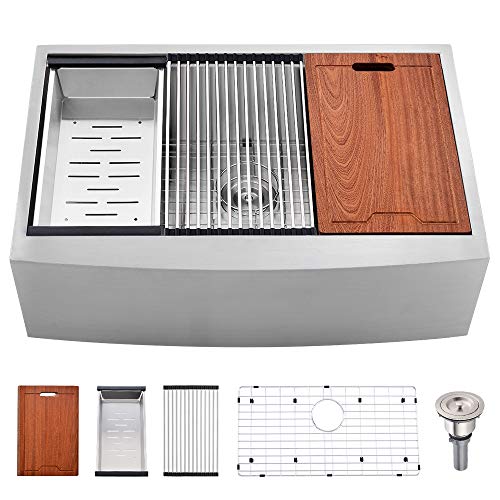 33 Inch Farmhouse Sink Workstation-Bokaiya 33x22 Stainless Steel Farm Sink Apron Front Workstation Kitchen Sink 16 Gauge Single Bowl Deep Kitchen Sink with Cutting Board