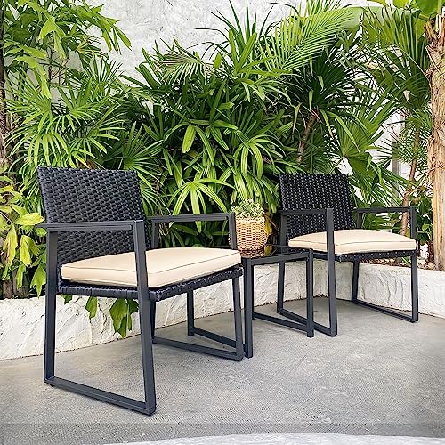 SUNLEI Outdoor 3-Piece Bistro Set Black Wicker Furniture-Two Chairs with Glass Coffee Table (Beige)