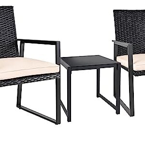 SUNLEI Outdoor 3-Piece Bistro Set Black Wicker Furniture-Two Chairs with Glass Coffee Table (Beige)