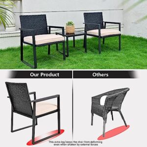 SUNLEI Outdoor 3-Piece Bistro Set Black Wicker Furniture-Two Chairs with Glass Coffee Table (Beige)