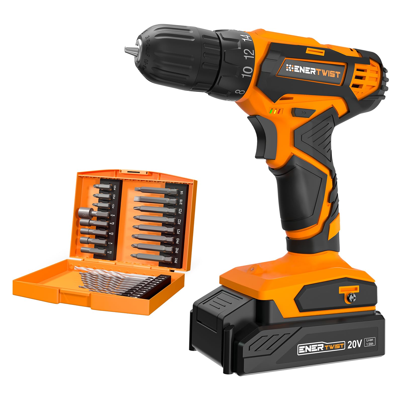 EnerTwist 20V Max Cordless Drill, 3/8 Inch Power Drill Set with Lithium Ion Battery and Charger, Variable Speed, 19 Positions and 28-Pieces Drill/Driver Accessories Kit, ET-CD-20