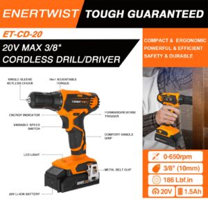 EnerTwist 20V Max Cordless Drill, 3/8 Inch Power Drill Set with Lithium Ion Battery and Charger, Variable Speed, 19 Positions and 28-Pieces Drill/Driver Accessories Kit, ET-CD-20