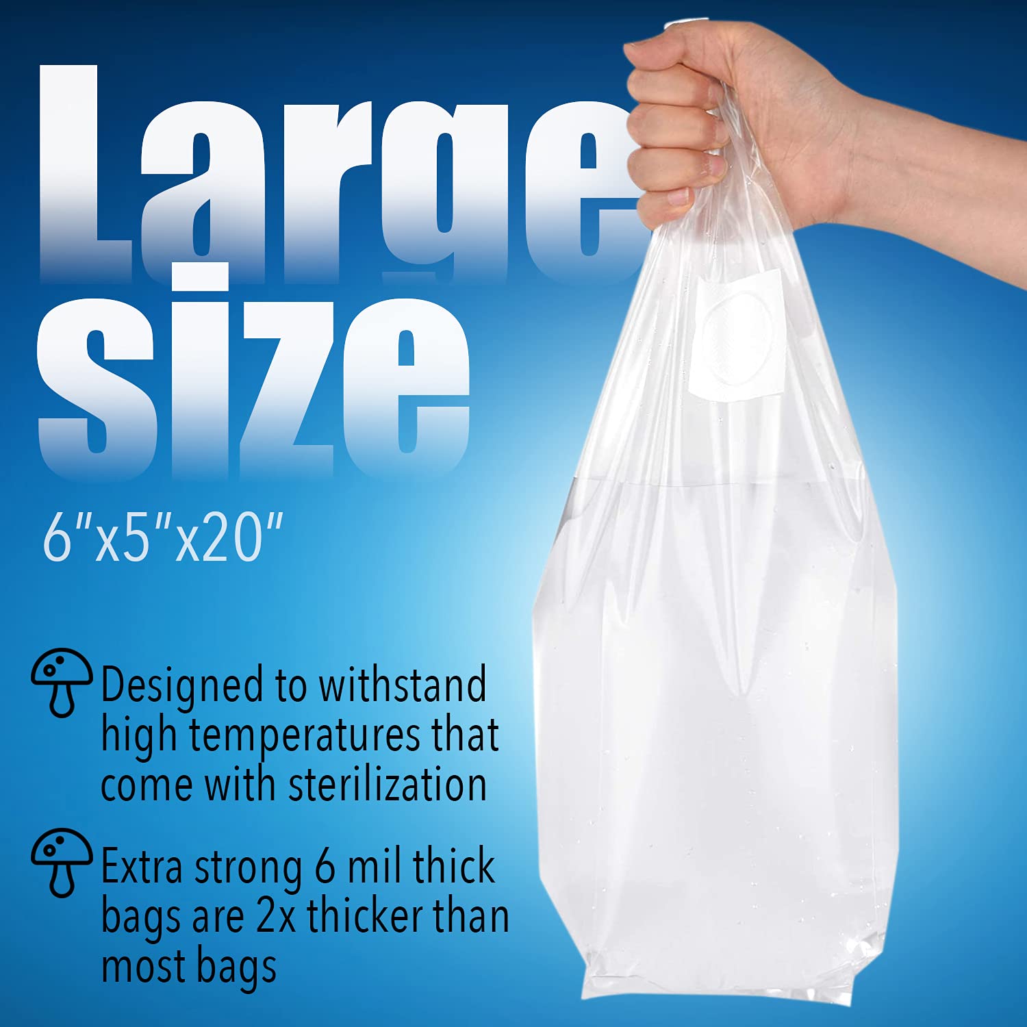 [50 Pack] Mushroom Growing Bags Mushroom Spawn Bags - Large Extra Thick 6 Mil Bags 6" X 5" X 20" 0.2 Micron Filter Breathable - Autoclavable Bags That Stand Up - Durable Bags - Tear Resistant Strong