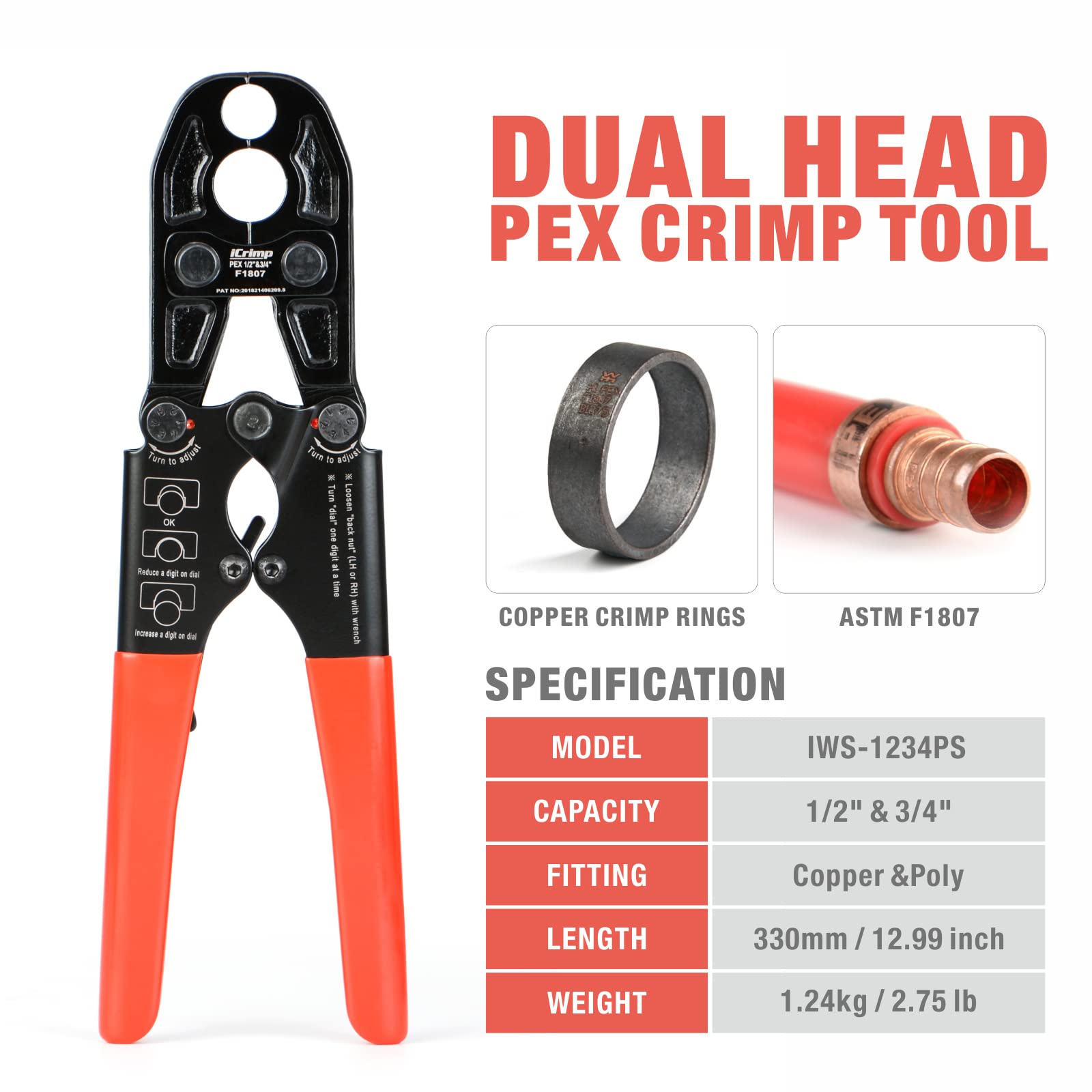 iCrimp PEX Crimping Tool, Combo1/2-inch, 3/4-inch Plumbing Tool, Copper Crimp Ring, with Go/No-Go Gauge Conforms to ASTM F1807 Standards