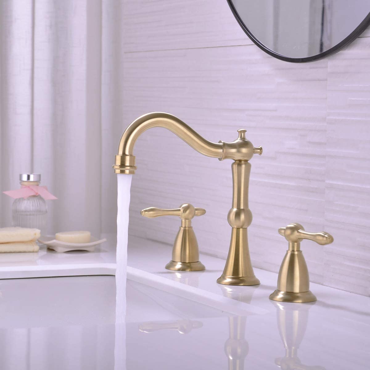 TRUSTMI 2 Handle 8-Inch Bathroom Faucet with Pop-up Drain Assembly and cUPC Water Supply Hoses, 3 Hole Widespread Lavatory Sink Faucet, Brushed Gold