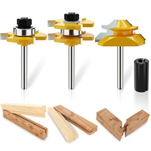 helovmine tongue and groove router bit tool set with adjustable 1/4 inch shank t shape wood milling with 45 degree lock miter router bit 3/4 inch stock joint router bit for wood drawer, window, cupboard