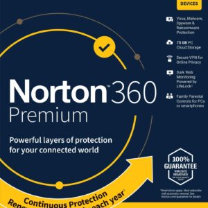 Norton 360 Premium, 2024 Ready, Antivirus software for 10 Devices with Auto Renewal - Includes VPN, PC Cloud Backup & Dark Web Monitoring [Key card]