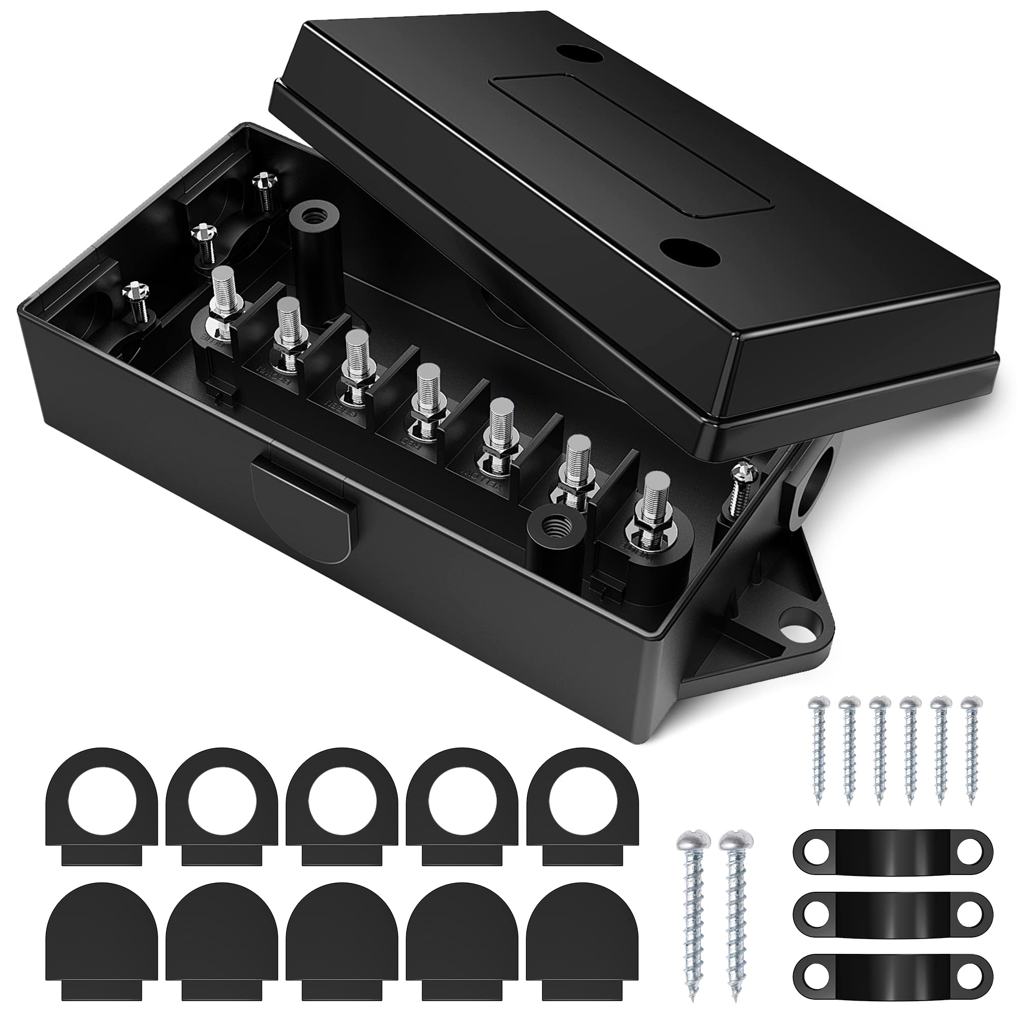 MICTUNING 7 Way Electrical Trailer Junction Box - 7 Gang Trailer Wire Connection Box Weatherproof for Rewiring Camper RV Caravans Boat Light 7 Way Trailer Wire Connectors