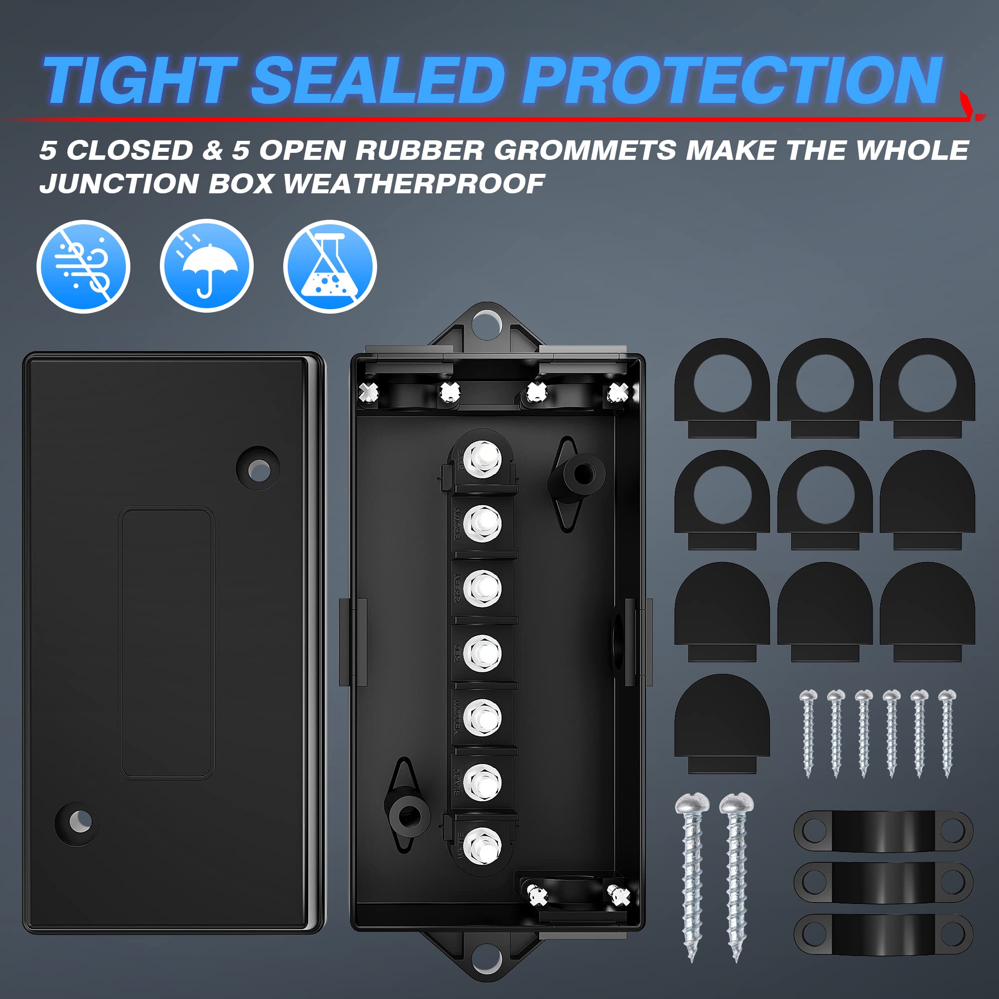 MICTUNING 7 Way Electrical Trailer Junction Box - 7 Gang Trailer Wire Connection Box Weatherproof for Rewiring Camper RV Caravans Boat Light 7 Way Trailer Wire Connectors