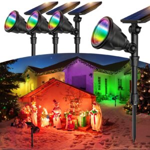 jsot 4 pack christmas decorations solar spot lights outdoor waterproof color changing spotlights for halloween decor, outside solar landscape light with 9 light option wall for path yard driveway tree