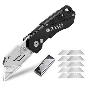 utility knife, bibury upgraded version heavy duty box cutter, pocket carpet knife with 10 replaceable sk5 stainless steel blades, belt clip, easy release button, quick change and safety lock-black