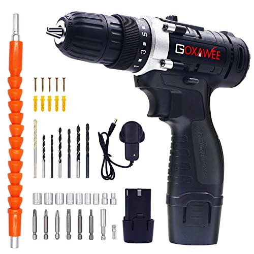 Cordless Drill with 2 Batteries - GOXAWEE Power Drill Set 100pcs (High Torque, 2-Speed, 10mm Automatic Chuck), Electric Screw Driver for Home Improvement & DIY Project…