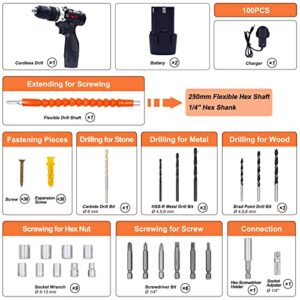 Cordless Drill with 2 Batteries - GOXAWEE Power Drill Set 100pcs (High Torque, 2-Speed, 10mm Automatic Chuck), Electric Screw Driver for Home Improvement & DIY Project…