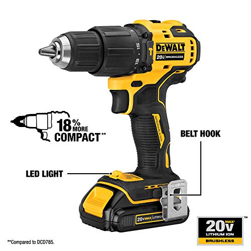 DEWALT ATOMIC 20V MAX* Hammer Drill, Cordless, Compact, 1/2-Inch, 2 Batteries (DCD709C2)