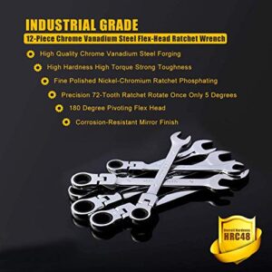 Yashong 12-Piece 8-19mm Metric Flex-Head Ratcheting Wrench Set, Professional Chrome Vanadium Steel Ratchet Wrenches, Combination Ended Spanner Kit with Portable Canvas Bag