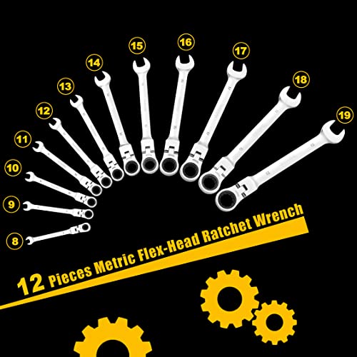 Yashong 12-Piece 8-19mm Metric Flex-Head Ratcheting Wrench Set, Professional Chrome Vanadium Steel Ratchet Wrenches, Combination Ended Spanner Kit with Portable Canvas Bag