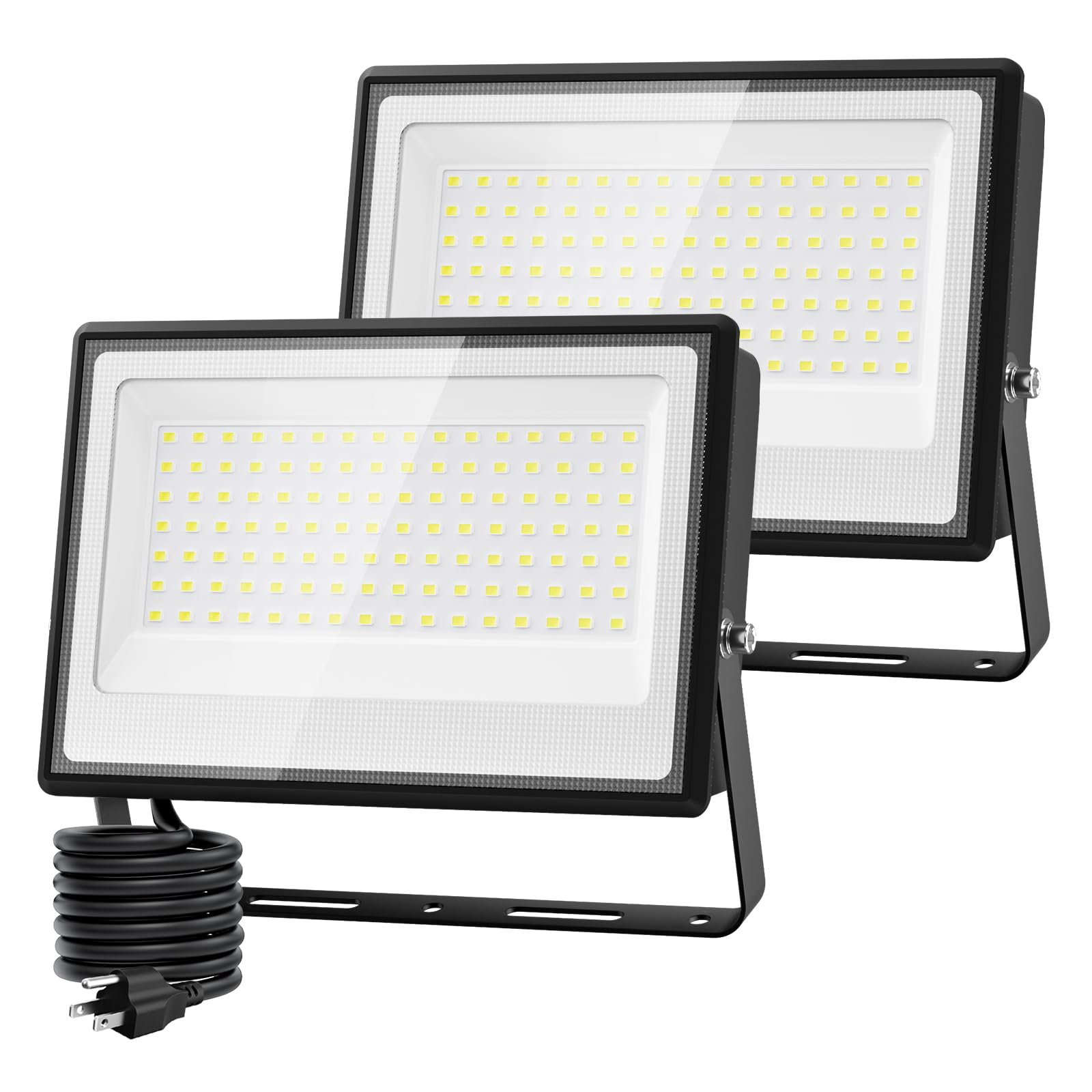 Olafus 2 Pack 100W LED Flood Light Outdoor, 9000lm LED Work Light with Plug, IP66 Waterproof Exterior Security Lights, 6500K Daylight White Outside Floodlights for Playground Yard Stadium Lawn