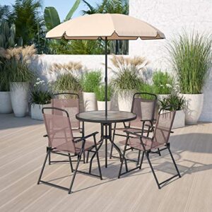 flash furniture nantucket 6-piece patio dining set with glass table, 4 folding chairs, and umbrella, outdoor patio table, chairs, and umbrella set, black