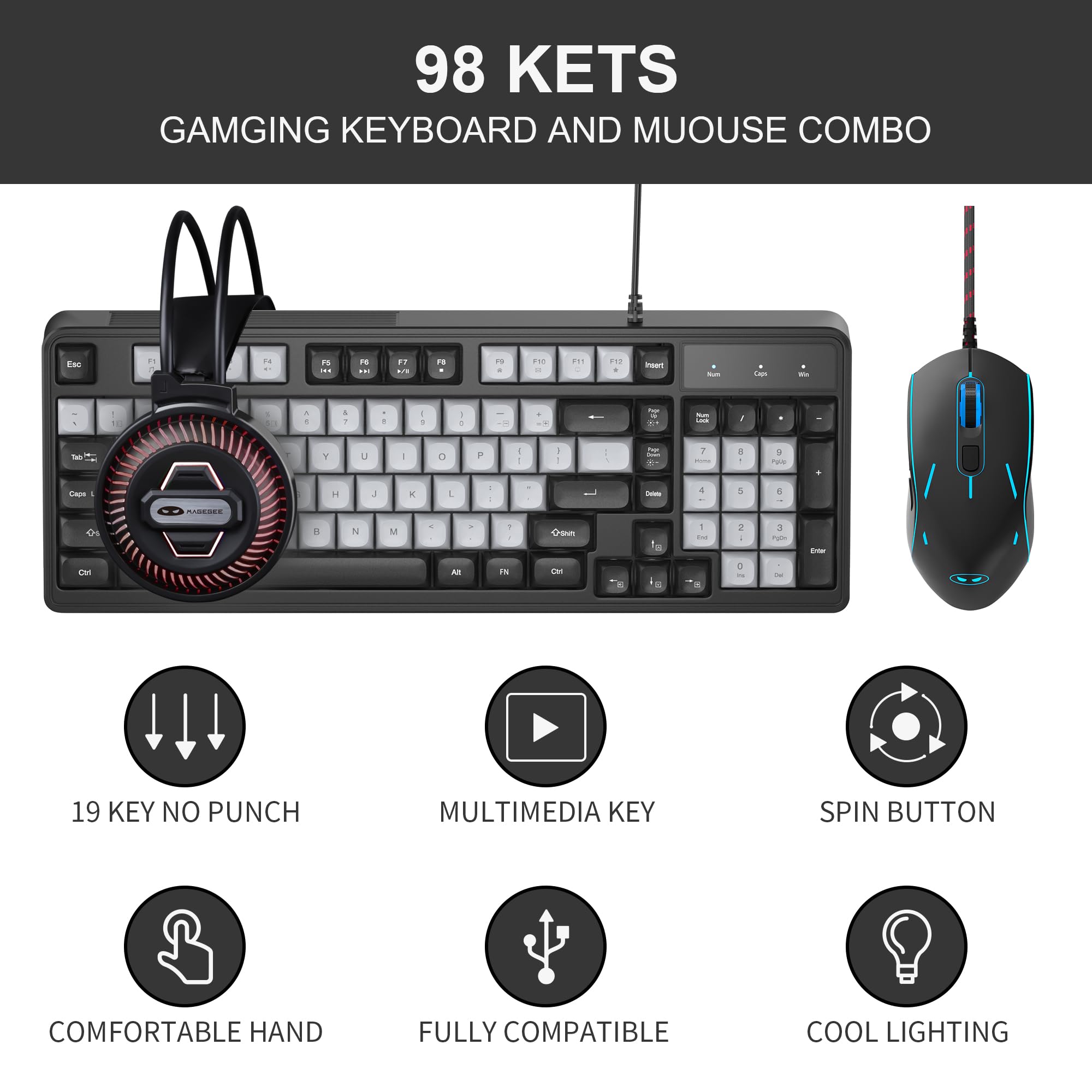 White Gaming Keyboard and Mouse Combo,MageGee GK710 Wired Backlit Keyboard and White Gaming Mouse Combo,PC Keyboard and Adjustable DPI Mouse for PC/loptop/MAC