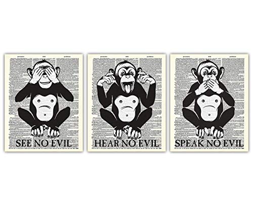 3 Wise Monkeys Dictionary Wall Art Prints: Unique Room Decor for Boys, Men, Girls & Women - Set of Three (8x10) Unframed Pictures - Great Gift Idea