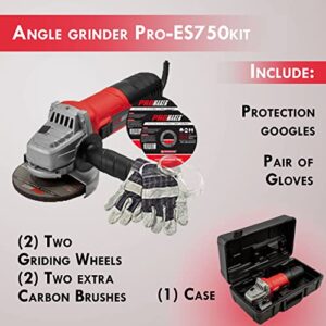 PROMAKER Angle Grinder 6.5-Amp 4-1/2 inch with Protection Googles, Pair of gloves, Two grinding Wheels, Box, Power Grinders tool with two (2) extra Carbon brushes (115mm) 750W. PRO-ES750KIT.