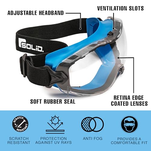 SolidWork Safety Goggles Anti-Fog Clear Lens with Adjustable Elastic Headband. Protective Eyewear for Men & Women (Blue)