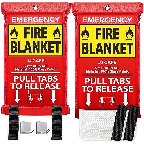 JJ CARE Fire Blanket – 2 Packs with Hooks – Emergency Fire Blanket for Home & Kitchen, High Heat Resistant Fire Suppression Blankets for Home Safety, Kitchen, and Camping