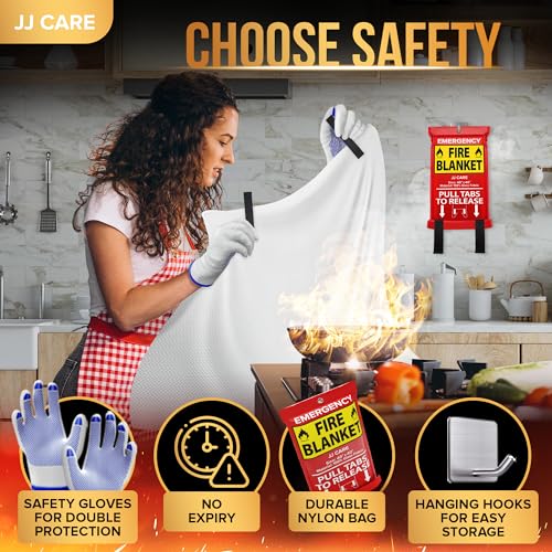 JJ CARE Fire Blanket – 2 Packs with Hooks – Emergency Fire Blanket for Home & Kitchen, High Heat Resistant Fire Suppression Blankets for Home Safety, Kitchen, and Camping