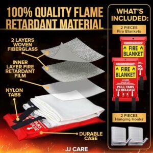 JJ CARE Fire Blanket – 2 Packs with Hooks – Emergency Fire Blanket for Home & Kitchen, High Heat Resistant Fire Suppression Blankets for Home Safety, Kitchen, and Camping