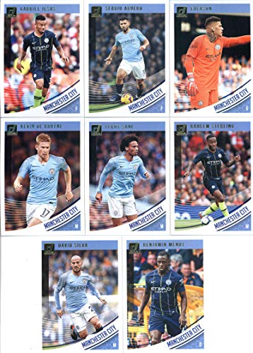 2019 Donruss Soccer Manchester City Veteran Team Set of 8 Cards: Sergio Aguero(#37), Gabriel Jesus(#38), Raheem Sterling(#39), Leroy Sane(#40), Kevin De Bruyne(#41), David Silva(#42), Benjamin Mendy(#43), Ederson(#44)