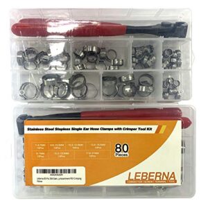 Leberna 115 Pcs 304 Stainless Steel Stepless Single Ear 7-29mm Hose Clamps with Pincers Crimper Tool Kit | Securing Pipe Hoses Automotive | Cinch Rings Pinch Clamp, Crimp Clamp Assortment PEX Crimping