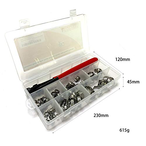 Leberna 115 Pcs 304 Stainless Steel Stepless Single Ear 7-29mm Hose Clamps with Pincers Crimper Tool Kit | Securing Pipe Hoses Automotive | Cinch Rings Pinch Clamp, Crimp Clamp Assortment PEX Crimping