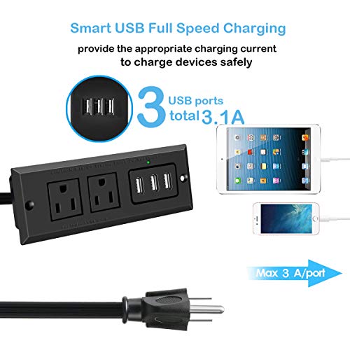 Furniture Recessed Power Strip, Recessed Desk Outlet with 3.1A Max USB, In Conference Desk Recessed Power Outlets Socket, Desktop Power Grommet with 6.56ft Power Cord