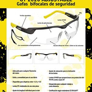 voltX GT ADJUSTABLE Bifocal Reading Safety Glasses (Clear Lens +2.5), ANSI Z87.1+ & CE EN166FT, Anti fog coated, UV400 Lens, Scratch resistant, Tilt & length adjustable earstems, clip on safety cord.