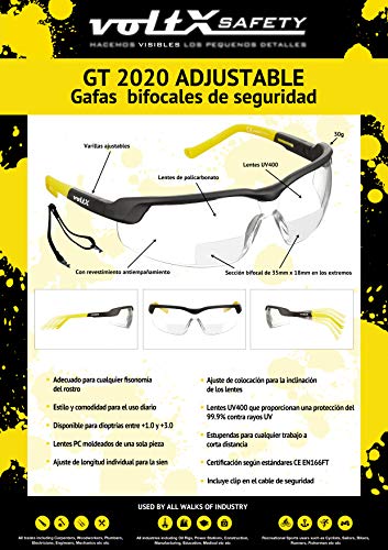 voltX GT ADJUSTABLE Bifocal Reading Safety Glasses (Clear Lens +2.5), ANSI Z87.1+ & CE EN166FT, Anti fog coated, UV400 Lens, Scratch resistant, Tilt & length adjustable earstems, clip on safety cord.