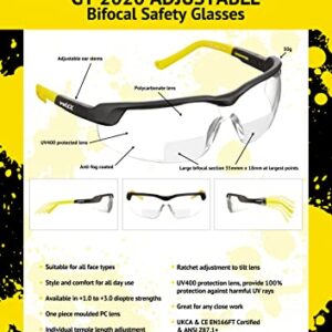 voltX GT ADJUSTABLE Bifocal Reading Safety Glasses (Clear Lens +2.5), ANSI Z87.1+ & CE EN166FT, Anti fog coated, UV400 Lens, Scratch resistant, Tilt & length adjustable earstems, clip on safety cord.