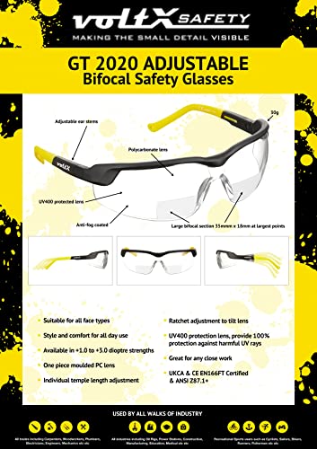 voltX GT ADJUSTABLE Bifocal Reading Safety Glasses (Clear Lens +2.5), ANSI Z87.1+ & CE EN166FT, Anti fog coated, UV400 Lens, Scratch resistant, Tilt & length adjustable earstems, clip on safety cord.