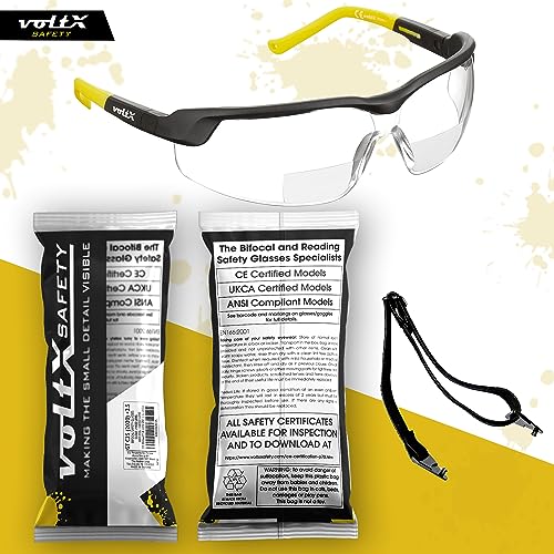 voltX GT ADJUSTABLE Bifocal Reading Safety Glasses (Clear Lens +2.5), ANSI Z87.1+ & CE EN166FT, Anti fog coated, UV400 Lens, Scratch resistant, Tilt & length adjustable earstems, clip on safety cord.