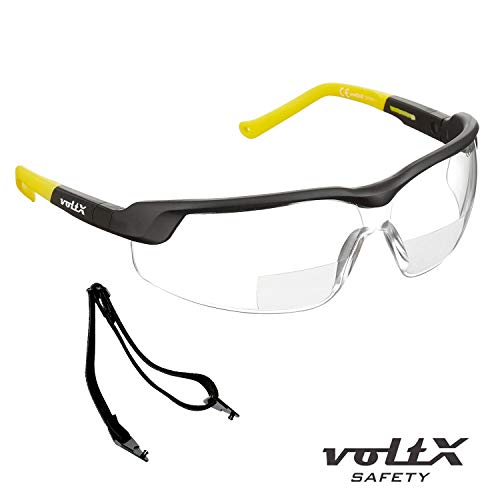 voltX GT ADJUSTABLE Bifocal Reading Safety Glasses (Clear Lens +2.5), ANSI Z87.1+ & CE EN166FT, Anti fog coated, UV400 Lens, Scratch resistant, Tilt & length adjustable earstems, clip on safety cord.