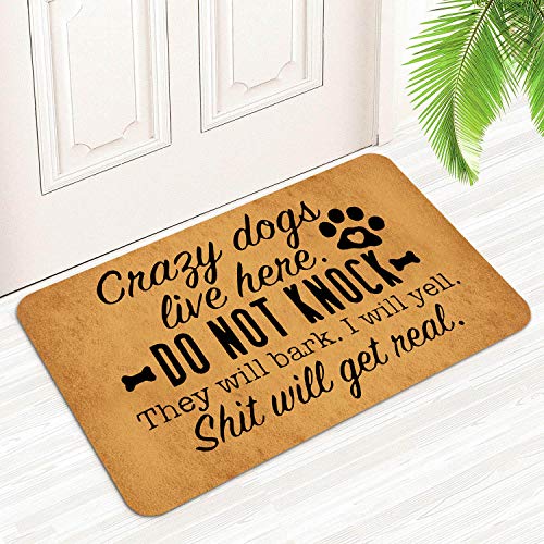 DoubleJun Funny Doormat Crazy Dogs Live Here Do Not Knock They Will Bark Entrance Mat Floor Rug Indoor/Outdoor/Front Door Mats Home Decor Machine Washable Rubber Non Slip Backing 29.5"(W) X 17.7"(L)