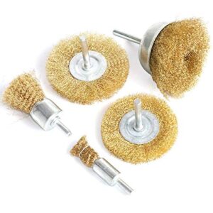 fppo brass wire wheel brush kit for drill,crimped cup brush with 1/4-inch shank,0.13mm true brass wire,soft enough to cleaning or deburring with less scrach