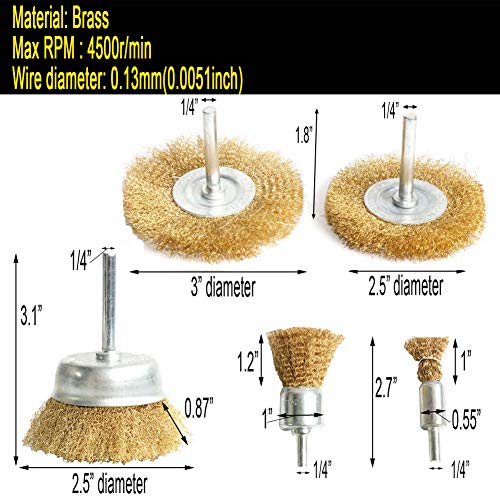 FPPO Brass Wire Wheel Brush Kit for Drill,Crimped Cup Brush with 1/4-Inch Shank,0.13mm True Brass Wire,Soft Enough to Cleaning or Deburring with Less Scrach