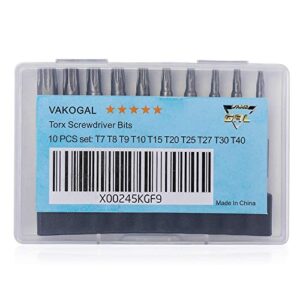 10PCS Torx Head Screwdriver Bit Set, VAKOGAL S2 Steel Magnetic Security Tamper Proof Star 6 Point Screw Driver Kit Tools, 1/4 Inch, Hex Shank T7-T40