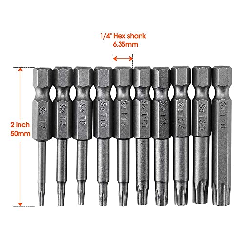 10PCS Torx Head Screwdriver Bit Set, VAKOGAL S2 Steel Magnetic Security Tamper Proof Star 6 Point Screw Driver Kit Tools, 1/4 Inch, Hex Shank T7-T40