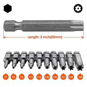 10PCS Torx Head Screwdriver Bit Set, VAKOGAL S2 Steel Magnetic Security Tamper Proof Star 6 Point Screw Driver Kit Tools, 1/4 Inch, Hex Shank T7-T40