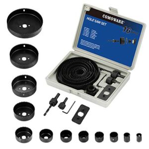 comoware hole saw kit for wood- 16 pieces 3/4’’-5’’ full set in case with 1pcs hex key, 2pcs mandrels and 1pcs install plate for pvc board plastic plate drilling drywall and soft wood