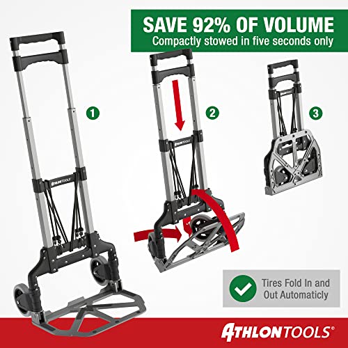 ATHLON TOOLS Aluminium Hand Truck Foldable Hand cart - Smooth-Running Wheels with Soft treads - incl. 2 Expanding Cords